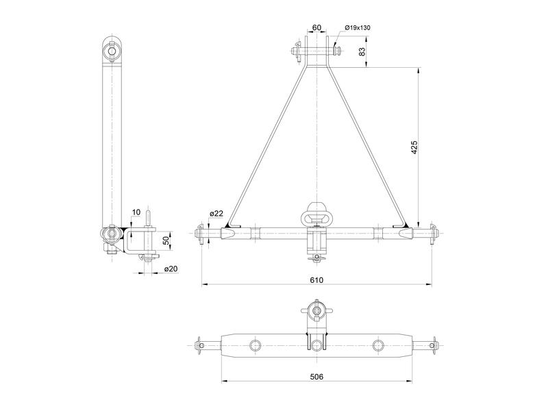 Drawbar Hitch System (Cat. 1 (Ø22mm)) No. holes: 3, 610mm.