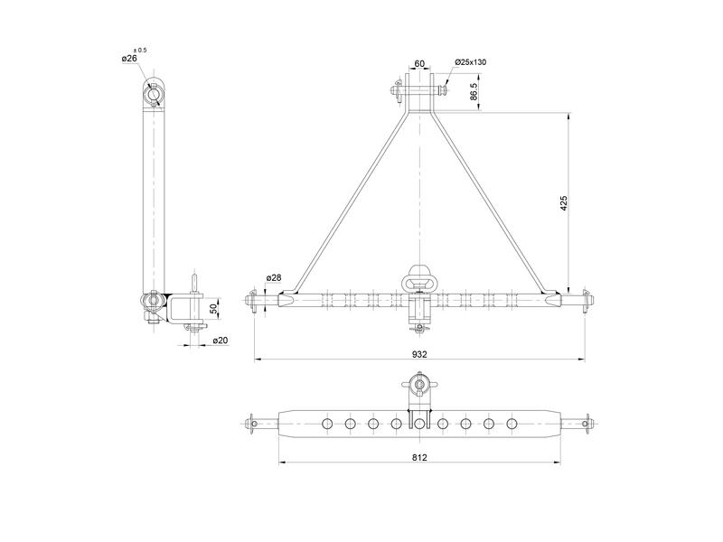Drawbar Hitch System (Cat. 2 (Ø28mm)) No. holes: 9, 932mm.