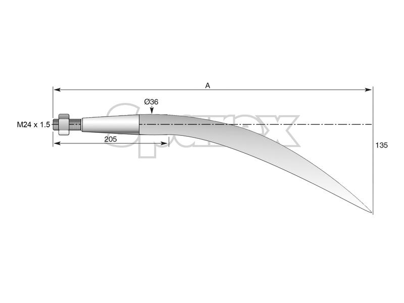 Loader Tine - Curved 680mm, Thread size: M24 x 1.50 (H - fluted)