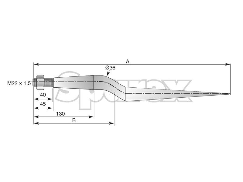 Loader Tine - Cranked 1000mm, Thread size: M22 x 1.50 (Star)