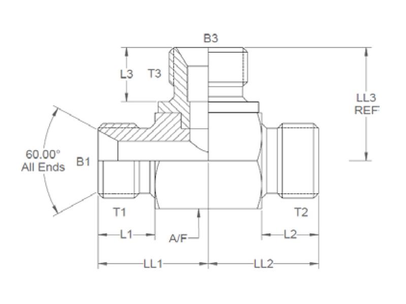 Hydraulic Tee Piece 1/2'' BSP Male x 1/2'' BSP Male x 3/8'' BSP Male