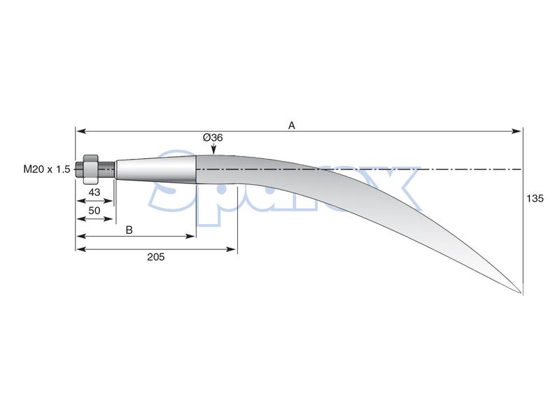 Loader Tine - Curved 680mm, Thread size: M20 x 1.50 (Square)