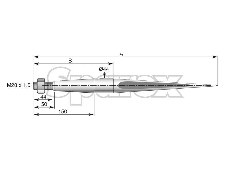 Loader Tine - Straight 1400mm, Thread size: M28 x 1.50 (Square)