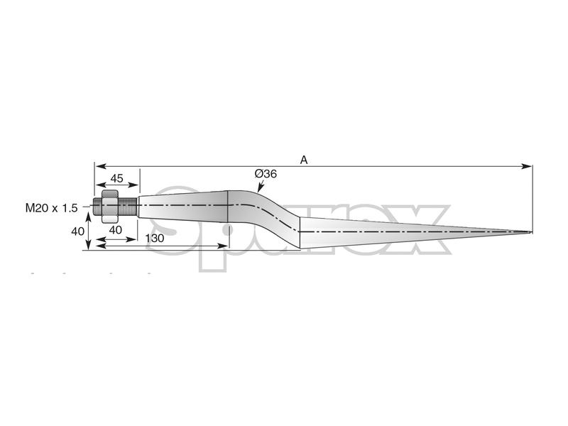 Loader Tine - Cranked 820mm, Thread size: M20 x 1.50 (H - fluted)
