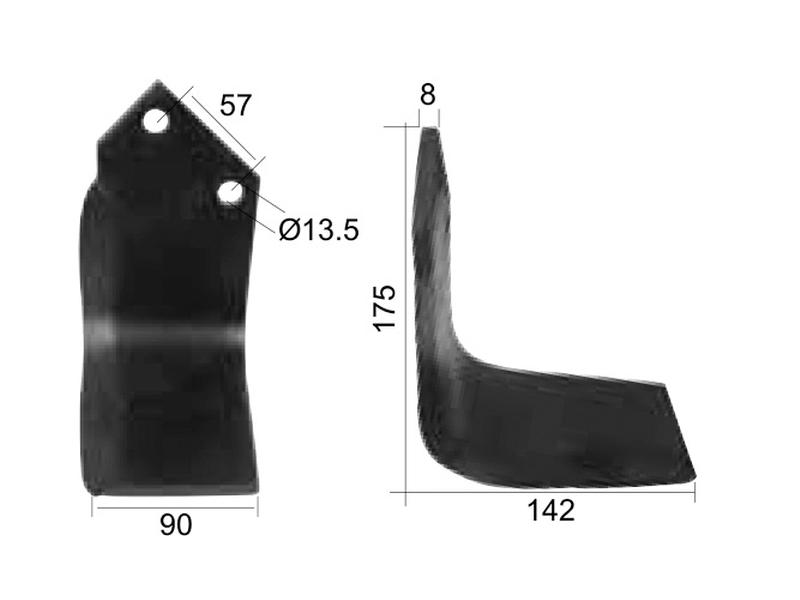 Rotavator Blade Square Type Blades RH 90x8mm Height: 175mm. Hole ...