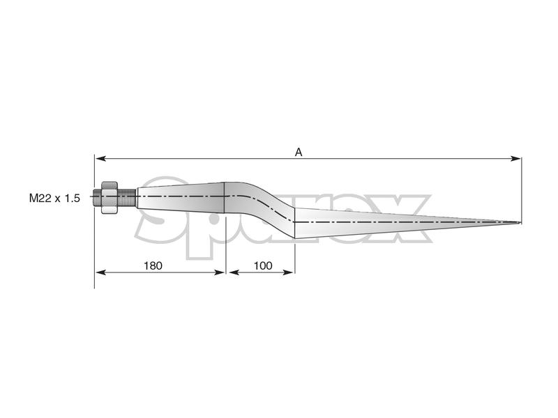 Loader Tine - Cranked 815mm, Thread size: M22 x 1.50 (H - fluted)